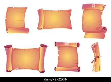 Parchment scrolls, antique papyrus rolls, blank paper banners, open and convoluted vintage ...