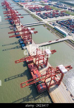 Aerial photo shows the container terminal operates at Qingdao Port in ...