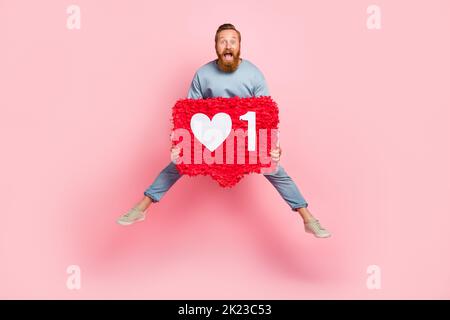 Full body portrait of amazed overjoyed person have good mood jumping ...