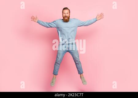 Full body portrait of overjoyed satisfied person have fun dancing ...