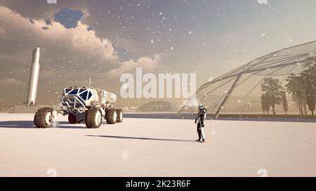 Astronauts on snowy alien winter landscape. Realistic 3D illustration ...