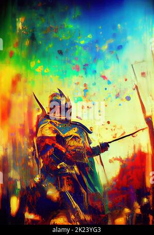 Surreal artwork with medieval knight, warrior with part of cat's face ...