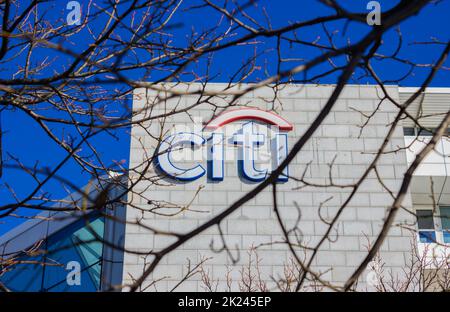A picture of the Citibank logo on display in a building as seen from ...