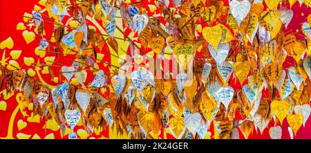Make merit golden and red money tree at colorful Wat Don Mueang Phra ...