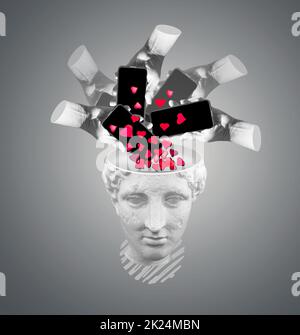 Modern gadget and classic statue. Hands aesthetic on bright background ...