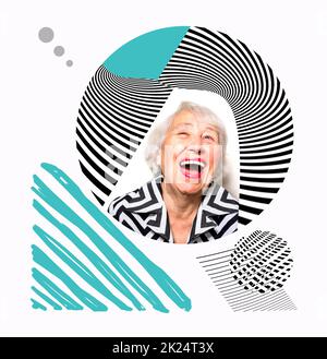 Contemporary art collage. Cheerful senior man in image of Santa Claus ...