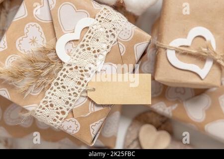 Valentines present with horizontal gift tag, heart and pampas grass ...
