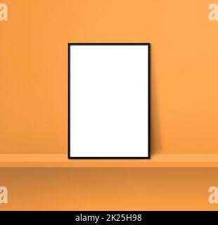 Black picture frame leaning on a grey shelf. 3d illustration. Blank ...
