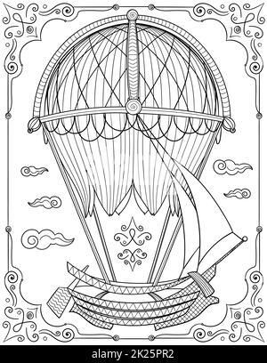 Floating Hot Air Balloon Holding Ship In A Frame Flying Over Clouds ...
