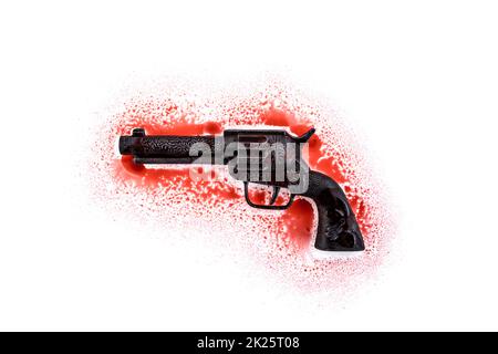 Old black revolver gun in red blood on white background Stock Photo - Alamy