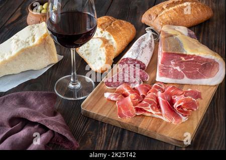 Prosciutto ham with parmesan, ciabatta and red wine Stock Photo - Alamy