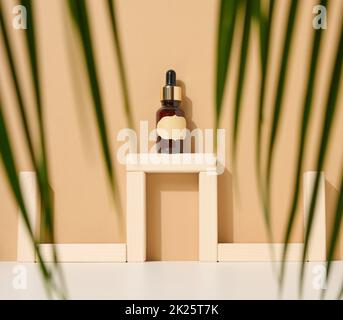 Brown glass cosmetic bottle with blank label on stones near pampas ...