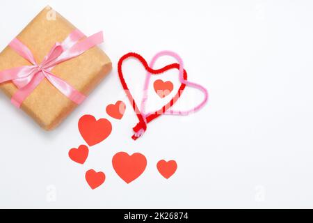 Pink gift boxes with red ribbon on white background. Valentine's Day ...