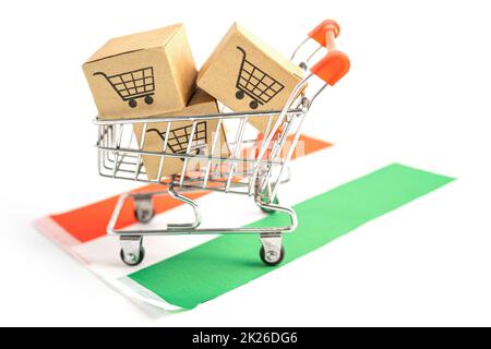 Box with shopping cart logo and Hungary flag, Import Export Shopping ...