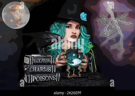 Witch With Crystal Ball and Spell Books Stock Photo - Alamy