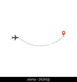 Plane way icon, airplane arc path line direction and destination red ...