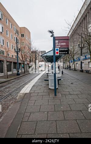 Tri-Met Max train on SW Morrison in Portland, Oregon Stock Photo - Alamy