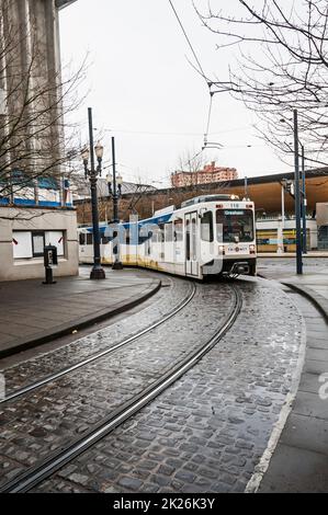 Tri-Met Max train on SW Morrison in Portland, Oregon Stock Photo - Alamy