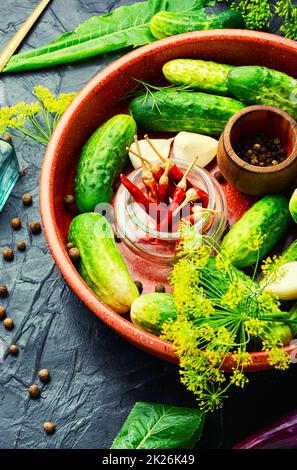 Marinated canned green cornichon cucumbers in the bowl Stock Photo - Alamy