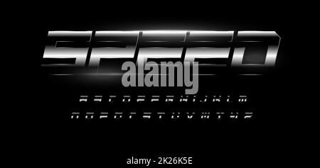 Steel modern alphabet. Bold italic iron font, stainless metal type for ...