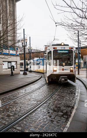 Tri-Met Max train on SW Morrison in Portland, Oregon Stock Photo - Alamy