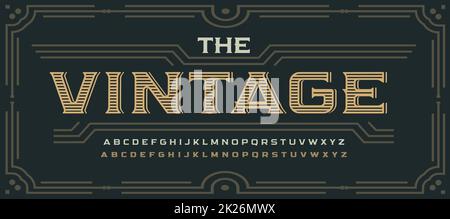 Old antique serif font. Royal shield style type with green bronze metal ...