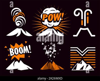 Volcano magma eruptio icon collection. Spectacular natural phenomenon ...