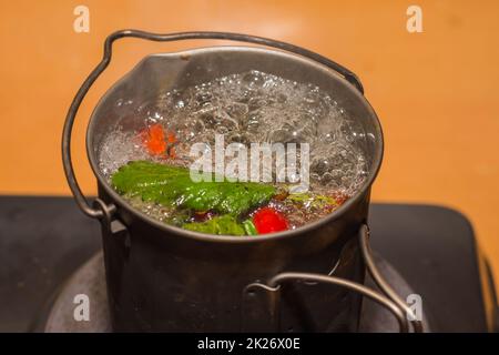 boiling survival tea with rose hips and leaves Stock Photo - Alamy