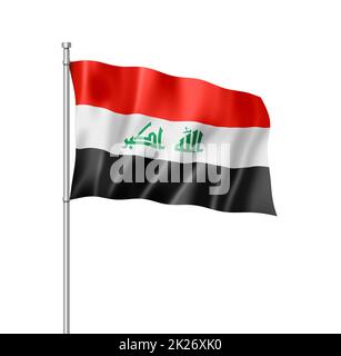 3D, Iraqi flag waving on wind with modern skyscraper city. Iraq banner ...