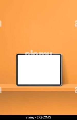 Digital tablet pc on orange wall shelf. Square background banner. 3D ...