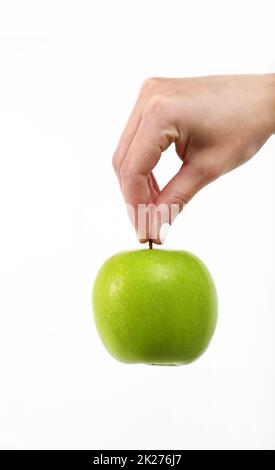 woman, female, over, granny, smith, handing, apple, woman, blue, food ...