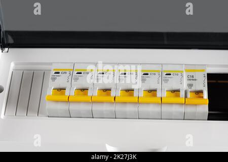 Electrical distribution board circuit breakers Stock Photo - Alamy