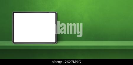 Digital tablet pc on green wall shelf. Background banner Stock Photo ...