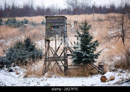 Wooden hunting tower in winter near forest, Czech Republic, Europe ...