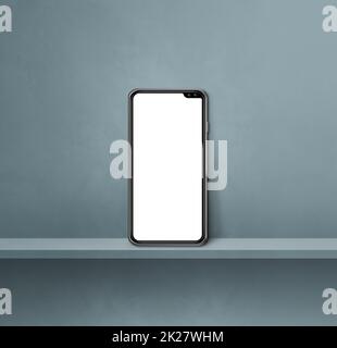 Mobile phone on grey wall shelf. Square background. 3D Illustration ...