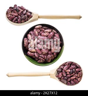 wooden spoon with red spotted pinto beans isolated on white background ...