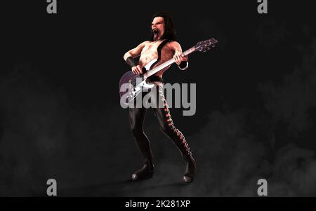 3d Illustration Devil pose and plays a double bass surrounded on dark ...
