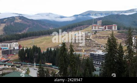 Bukovel ski resort in autumn aerial view. View of hotel houses in the ...
