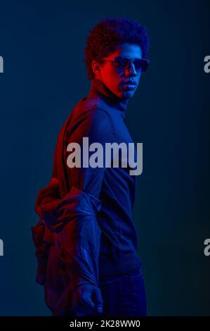 Put on confidence. Confident man grey background. Fashion man keep arms ...