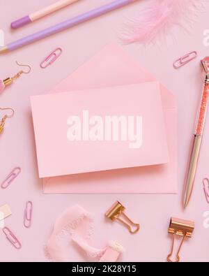 Education accessories on the table near brick wall. Empty computer and ...