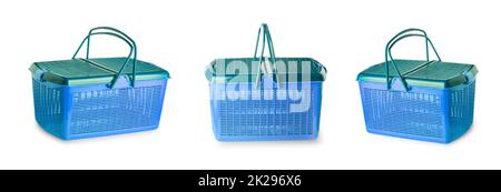 Pattern with pink plastic shopping basket on pink pastel background ...