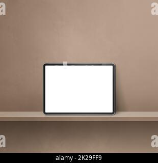 Digital tablet pc on brown wall shelf. Vertical background banner. 3D ...