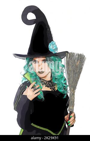 Witch With Green Hair and Broom on White Background Stock Photo - Alamy