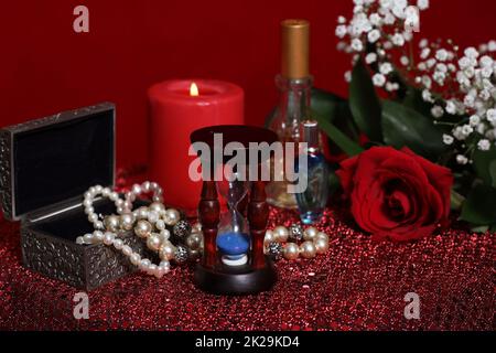 Red Candle and Rose on Red Velvet Background Stock Photo - Alamy