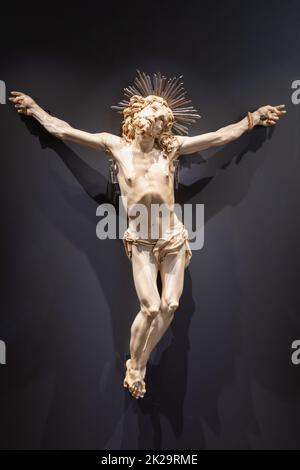 Jesus Christ - Old crucifix, Catholic Church, on black background with copy space Stock Photo ...
