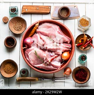 Fresh raw pork entrecote top view isolated on white background ...