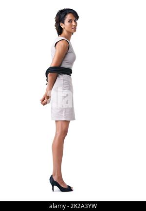 Portrait of a businesswoman tied up with rope Stock Photo - Alamy