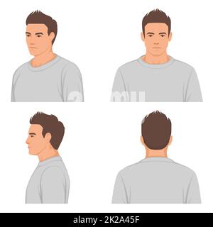 man, male face portrait, Front, profile, side view and back, vector ...