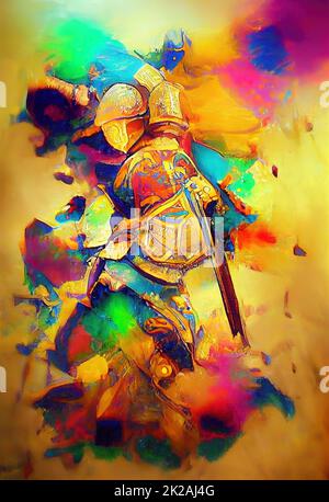 Surreal artwork with medieval knight, warrior with part of cat's face ...