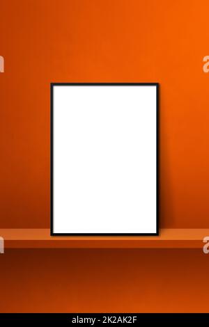 Black picture frame leaning on a grey shelf. 3d illustration. Blank ...